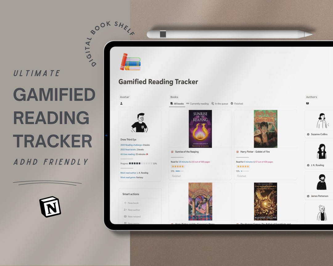 Gamified Reading Tracker Notion Template ADHD Book Tracker Gamify ...