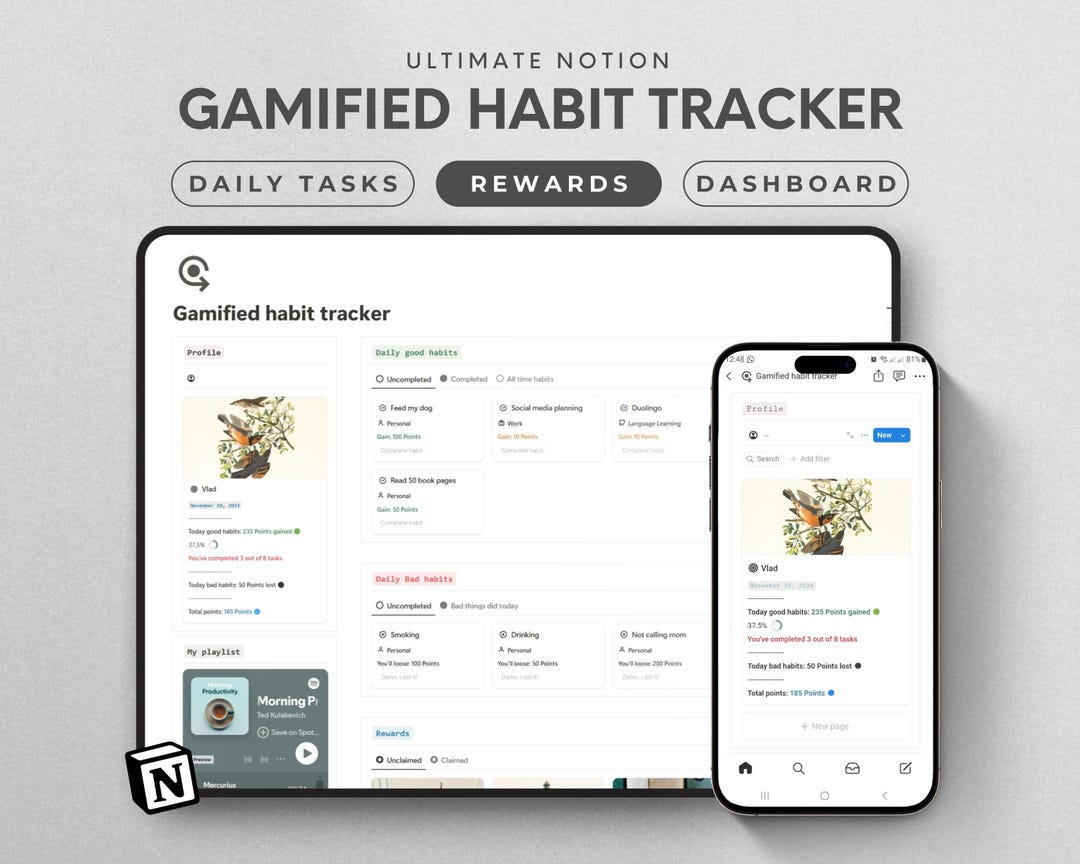 Notion Habit Tracker Digital Gamified Template Productivity Planner ...