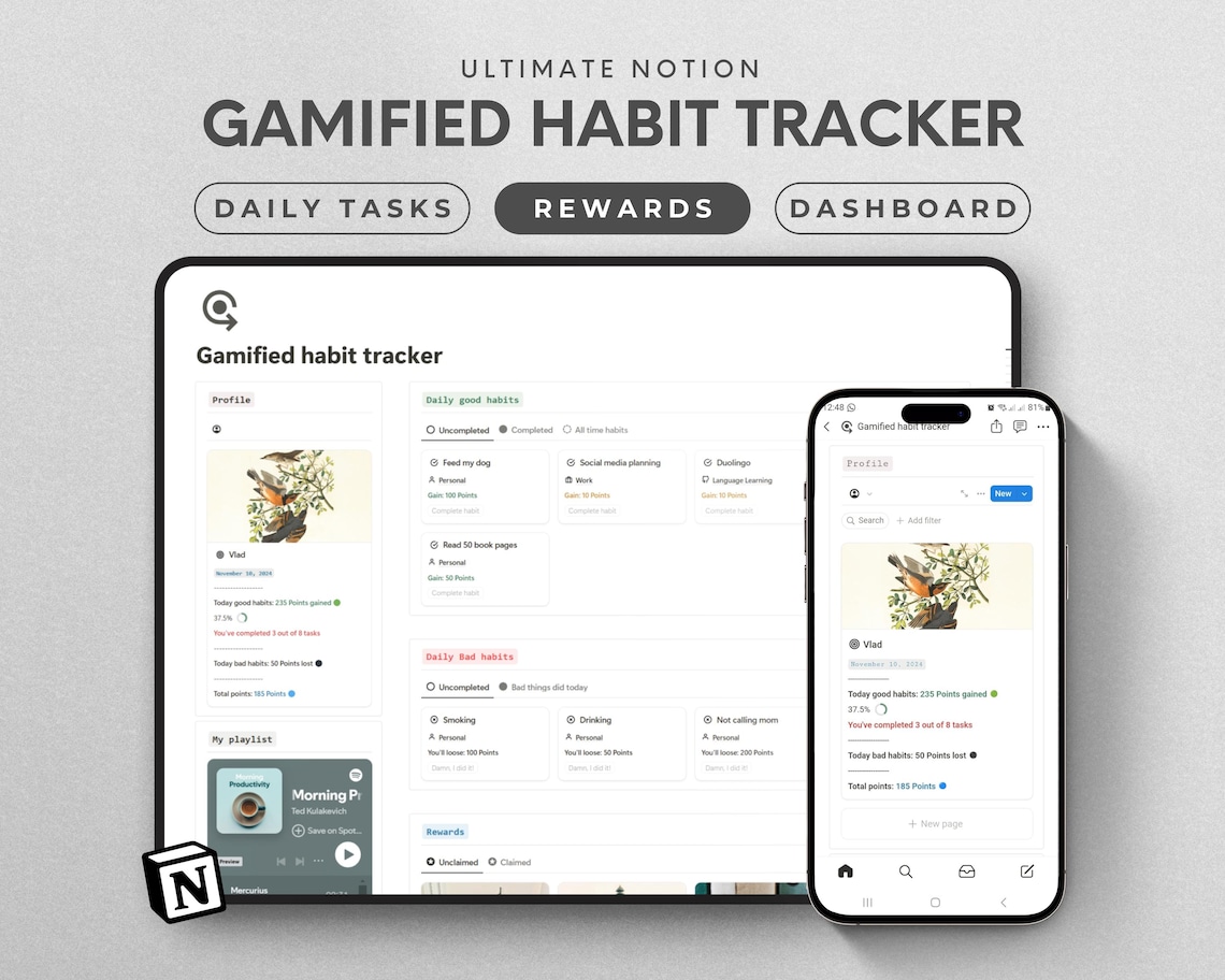 Notion Habit Tracker Digital Gamified Template Productivity Planner Self Improvement System ...