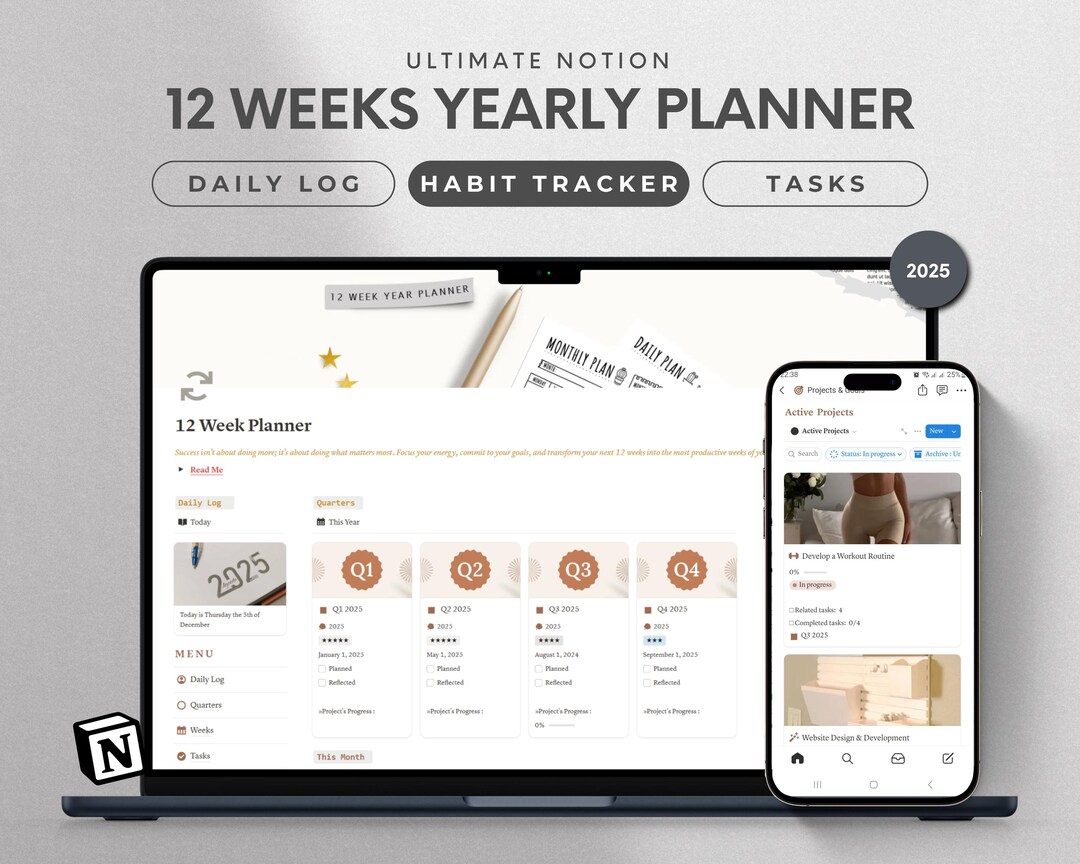 Notion Template Digital Planner 12 Week Year Productivity System Goal Setting Habit Tracker ...