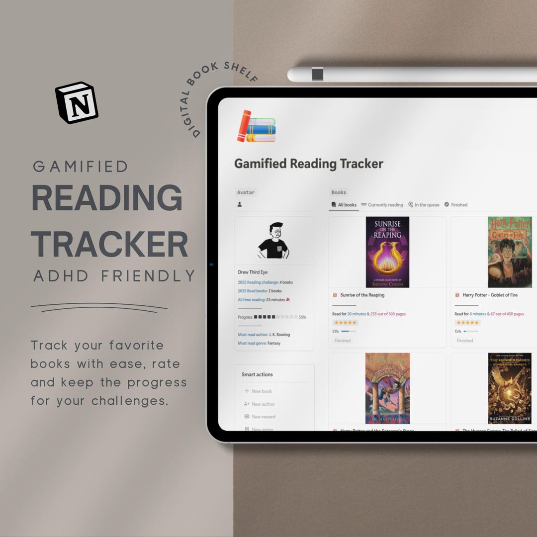 Gamified Reading Tracker Notion Template ADHD Book Tracker Gamify ...