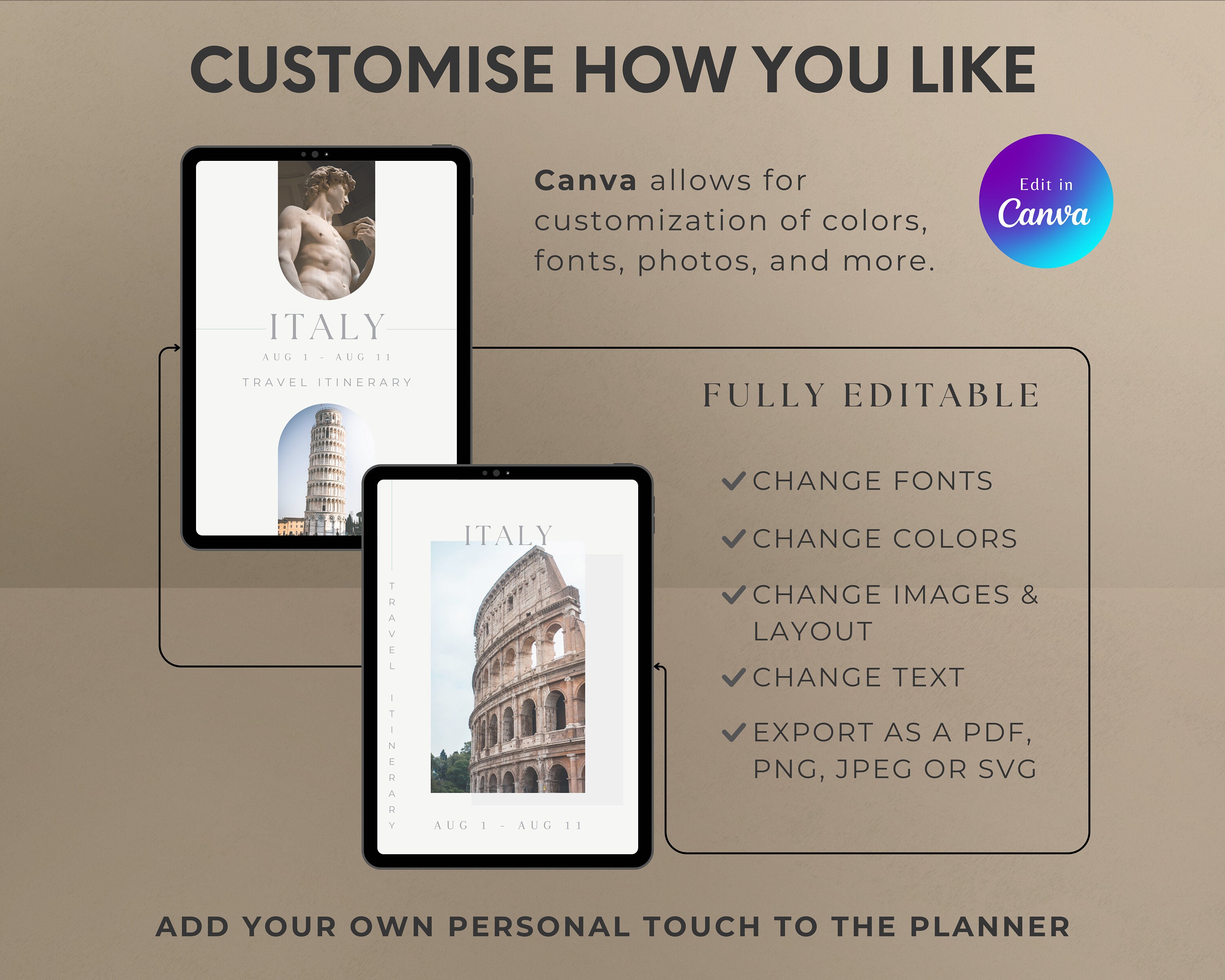 Editable Travel Itinerary Template Travel Planner Travel Journal Canva ...