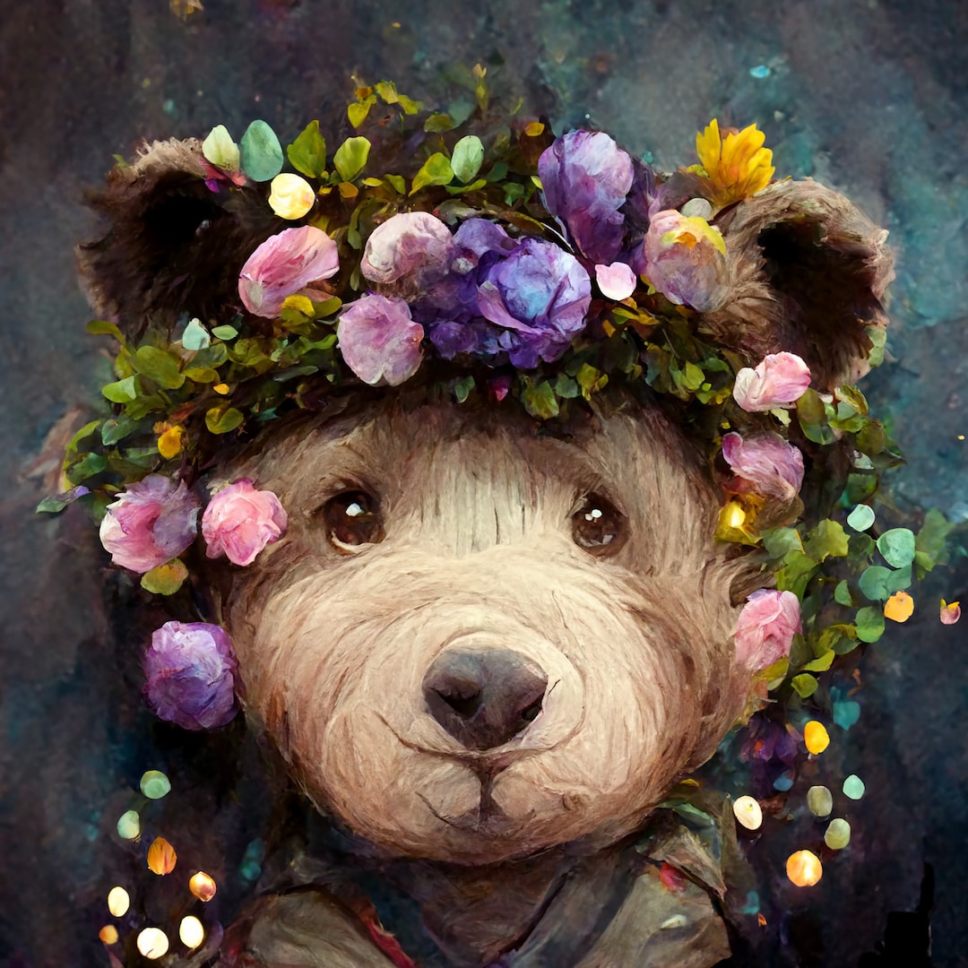 Bear With Flower Crown Digital Art Printable, Nursery Decor Woodlands ...