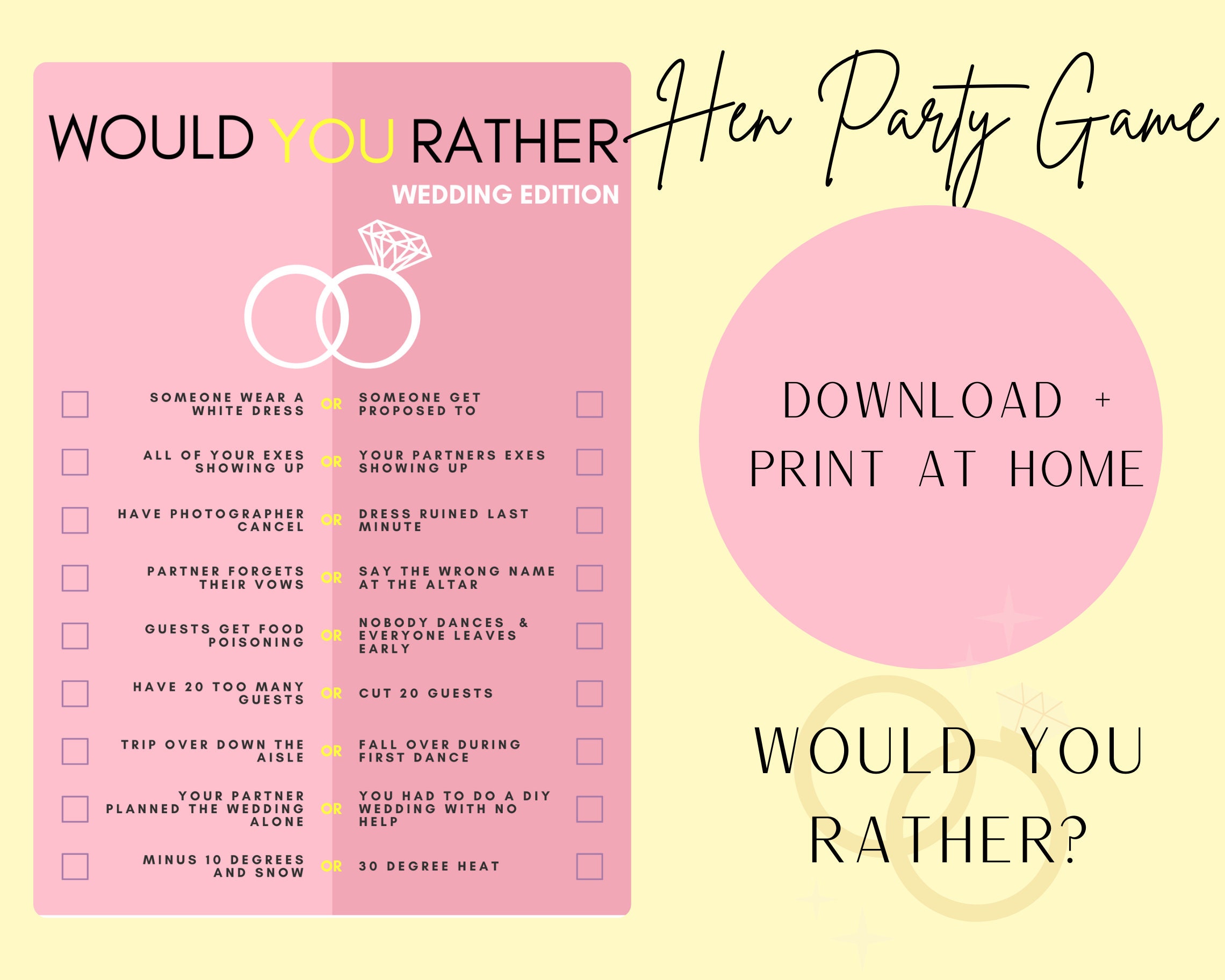 Hen Party Game Would You Rather A5 Bachelorette Party Bridal Shower - Etsy