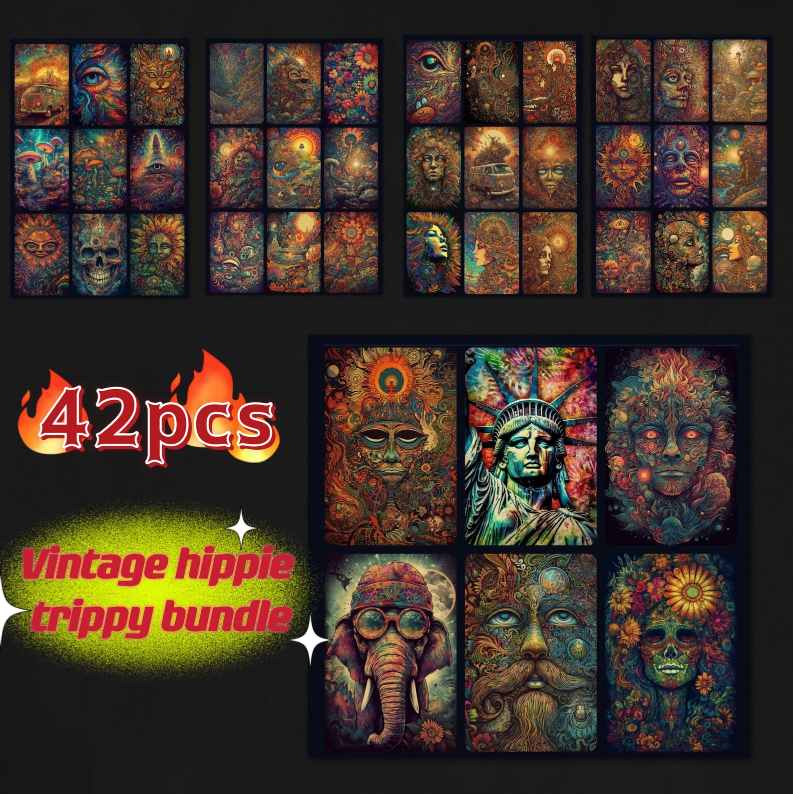 Vintage Hippie Trippy Art Bundle, Psychedelic Trippy Wall Art, 42pcs ...