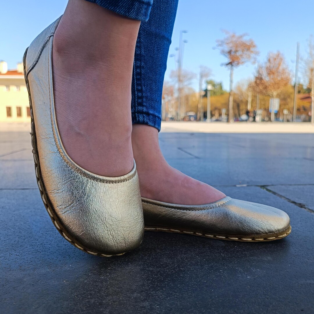 Barefoot Women's Shoes, Copper Grounding, Gold Color Leather, Minimalist Sustainable, Handmade ...