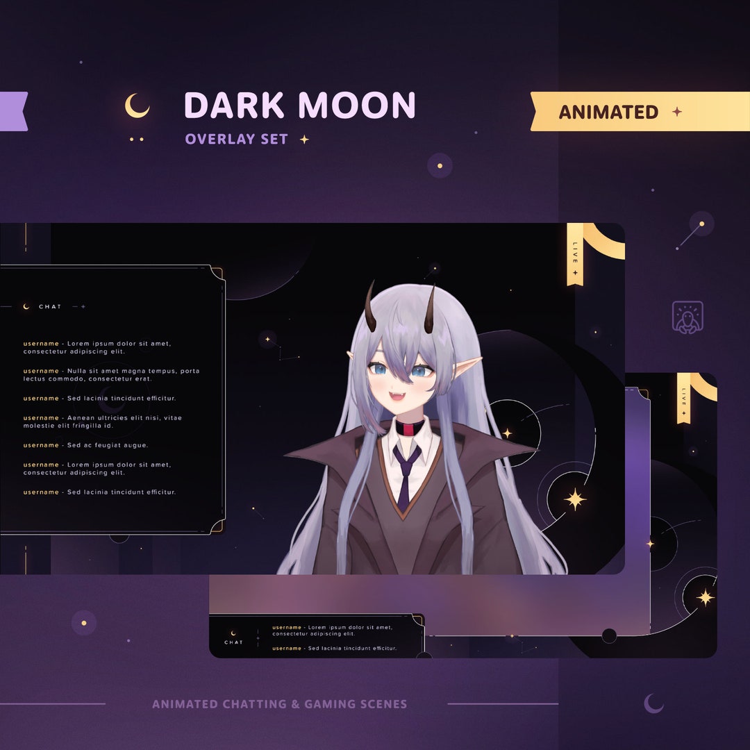 Dark Moon: Animated Vtuber Overlay Pack • Minimal, Starry, Elegant Theme • Chatting & Gaming ...