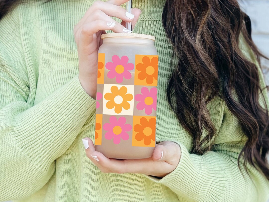 Retro Daisy Glass Cup 16oz Checker Beer Glass Mug Pink Floral Tumbler ...