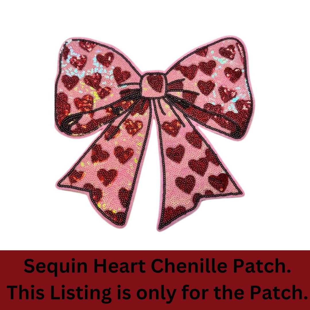 Heart Bow Chenille Patch for Sweatshirt Iron on Sequined Applique Patches for Valentines Day ...