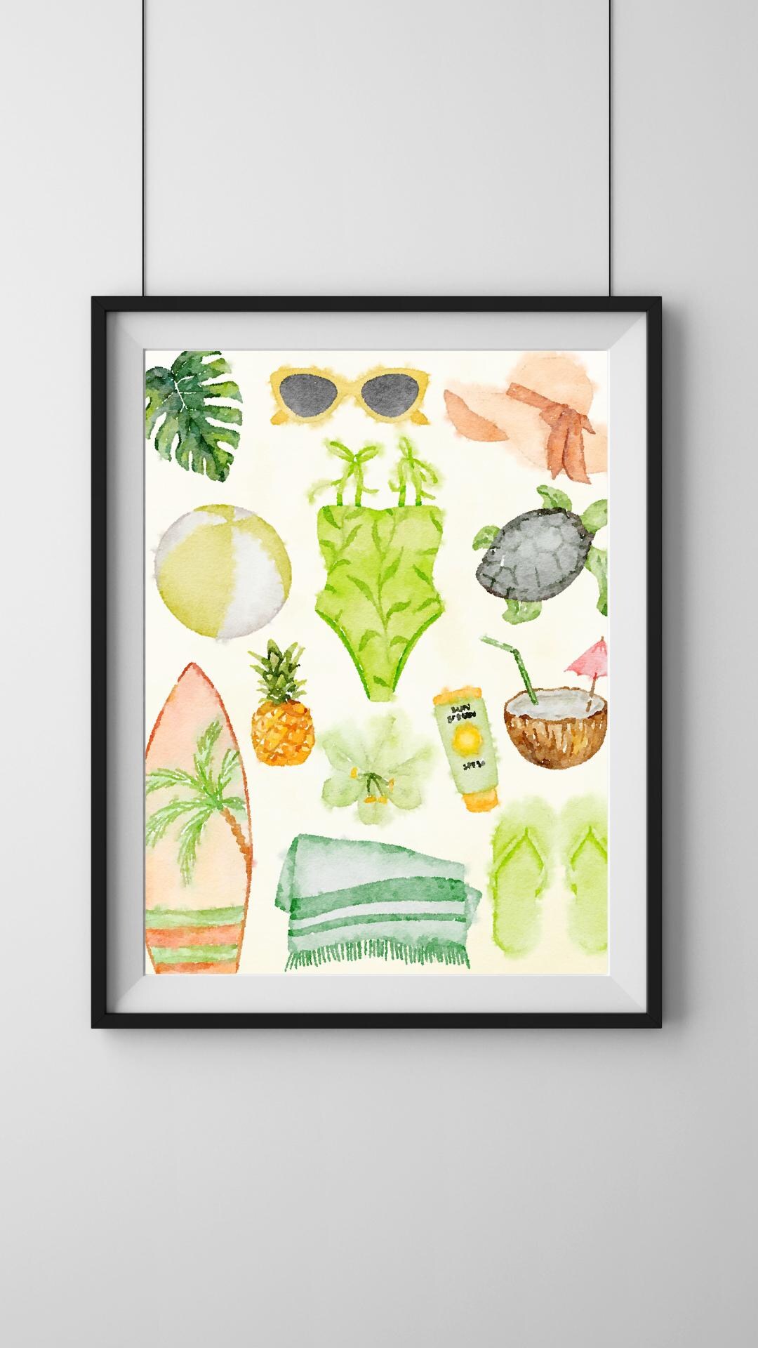 Beach Essentials Watercolor Print Beach House Wall Art East Coast Decor ...