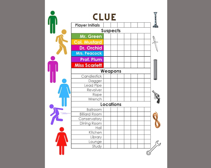 Printable Color Clue Card for the Game of Clue - Etsy