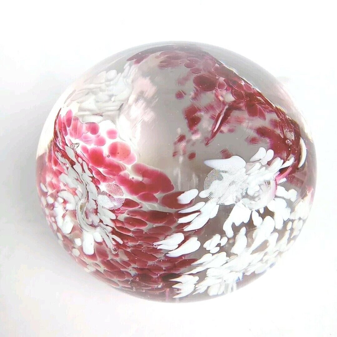 Signed SEW ART GLASS Paperweight Pink Rose Plum White Swirl Hand Blown ...
