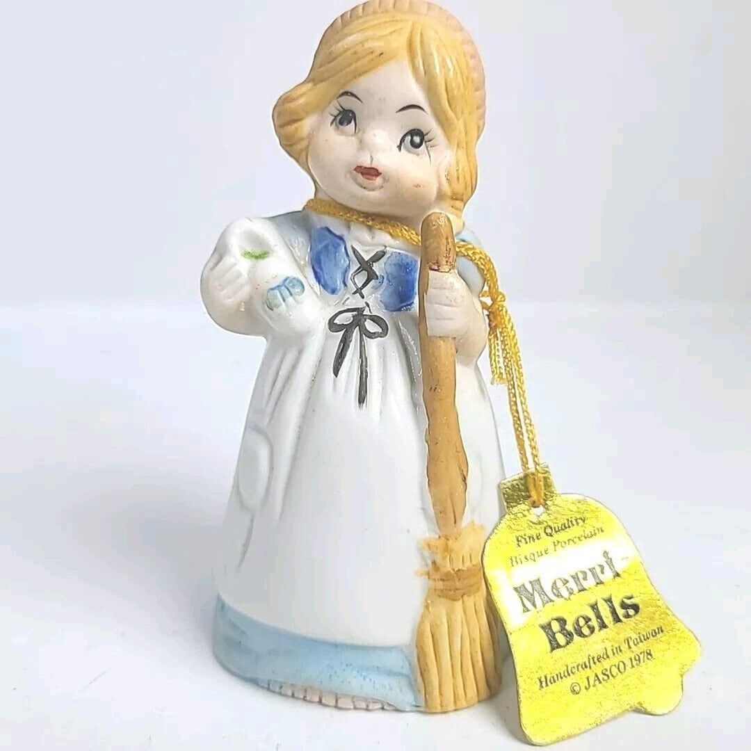 Vtg Cinderella Merri Bells Jasco With Broom Slipper Bisque Porcelain ...