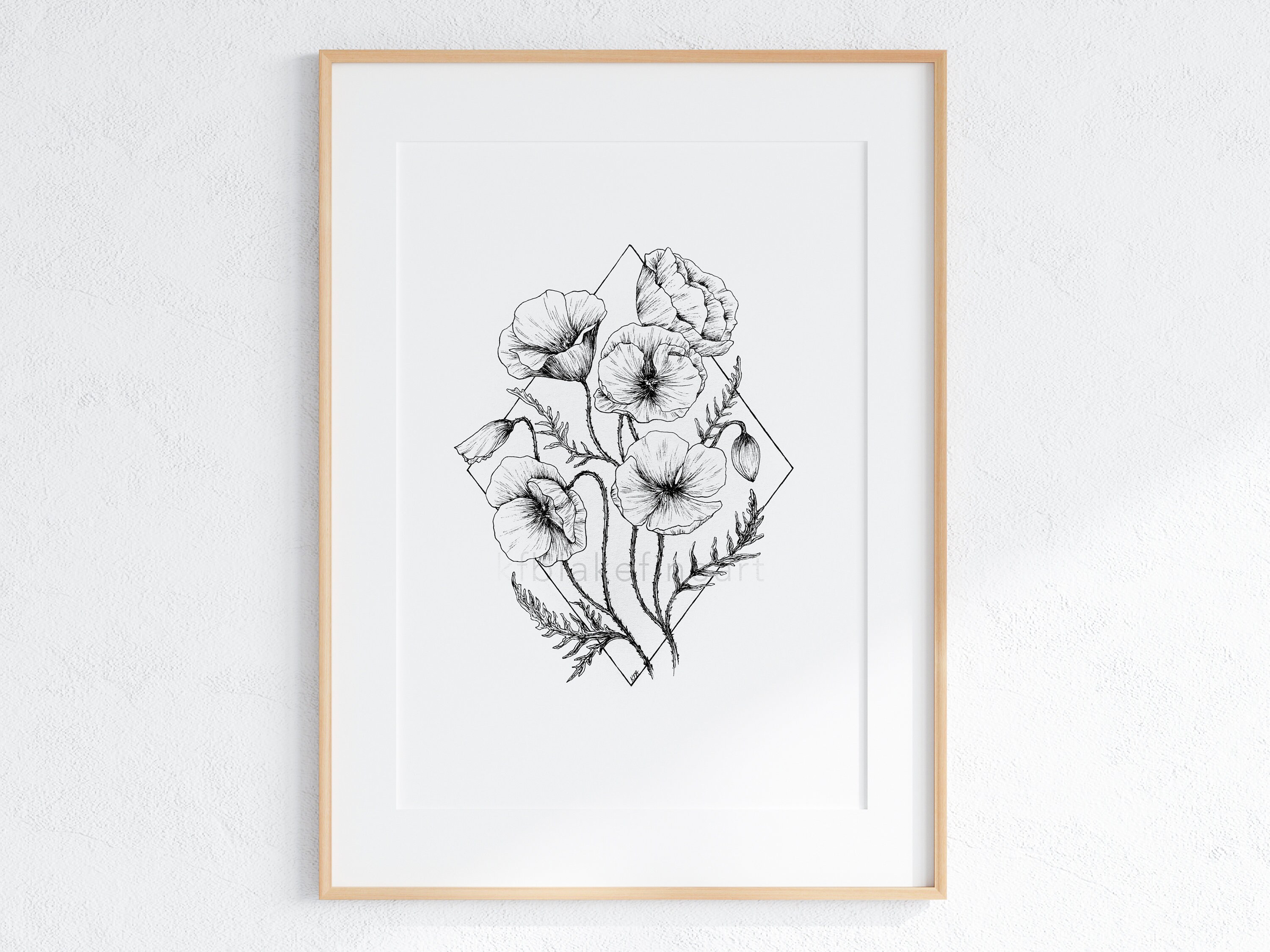 Botanical Sketch Printable Digital Download Poppy August Flower Drawing ...