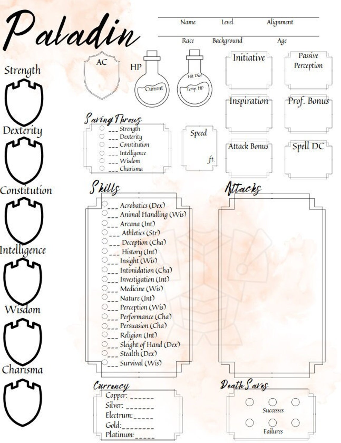 Paladin Character Sheet Set - Etsy