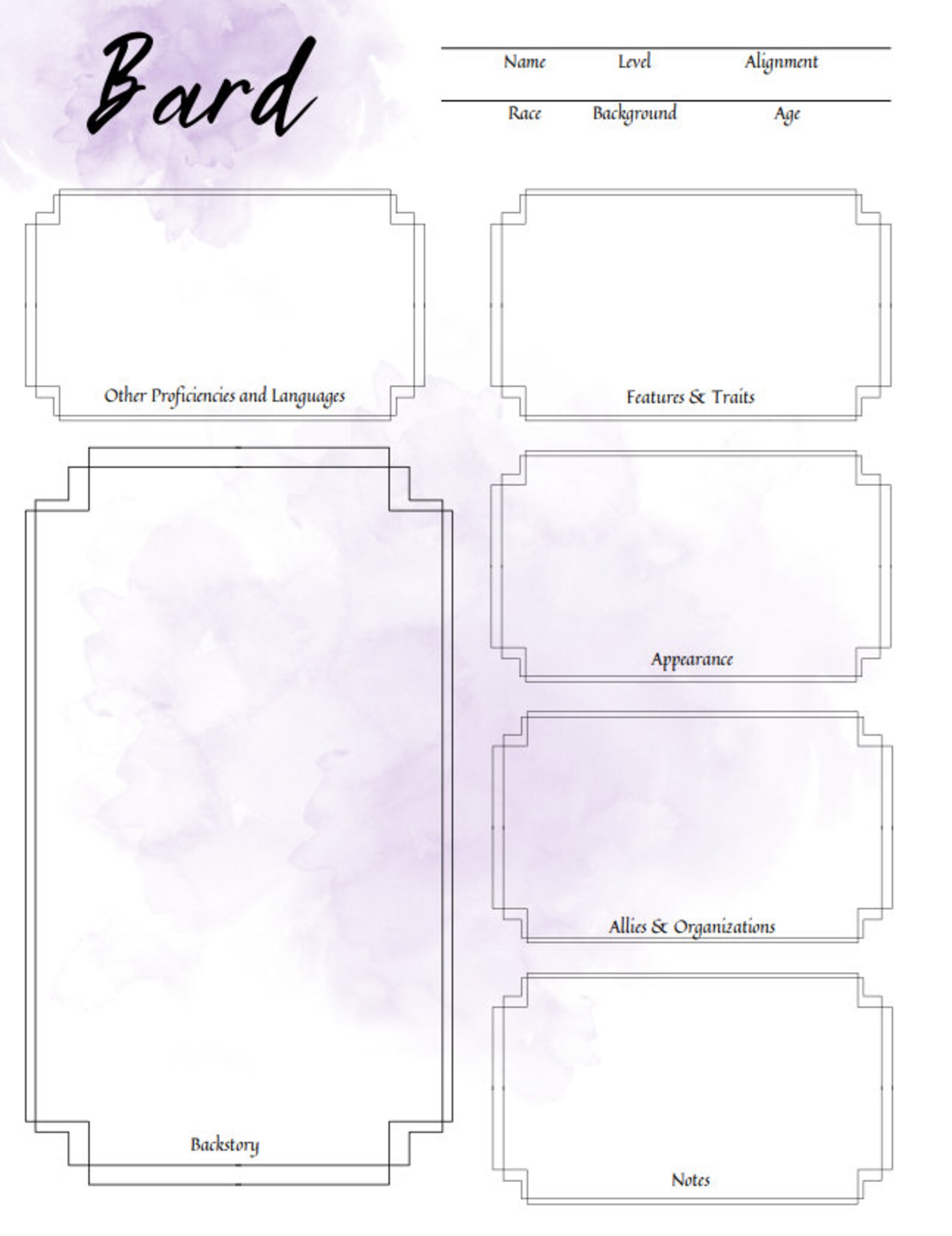 Bard Character Sheet Set - Etsy