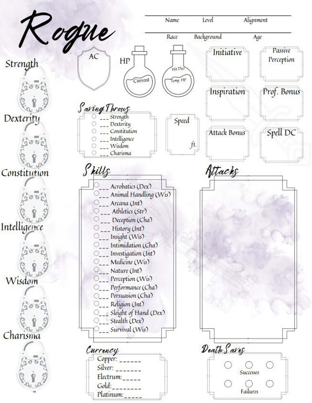 Rogue Character Sheet Set - Etsy