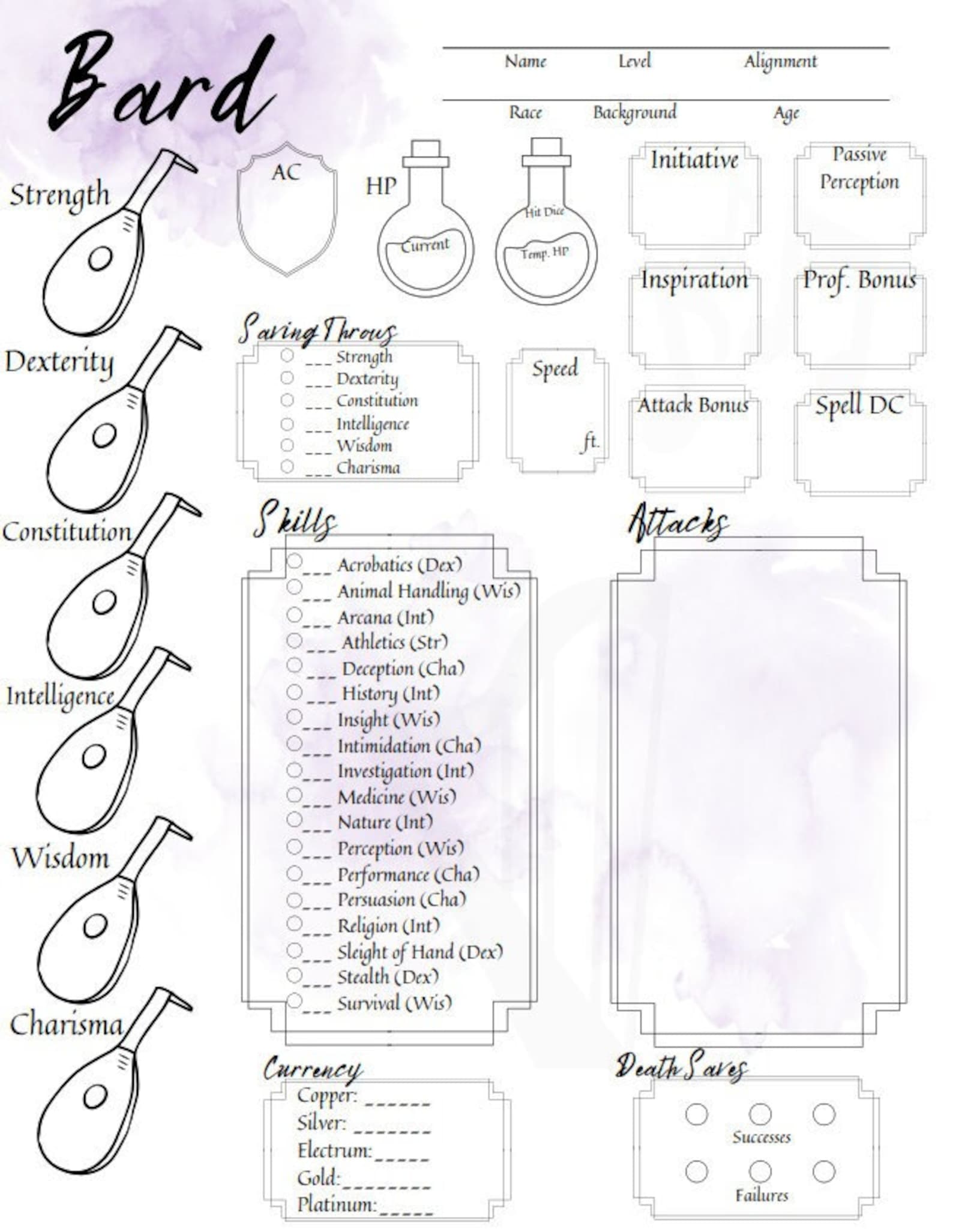 Bard Character Sheet Set - Etsy