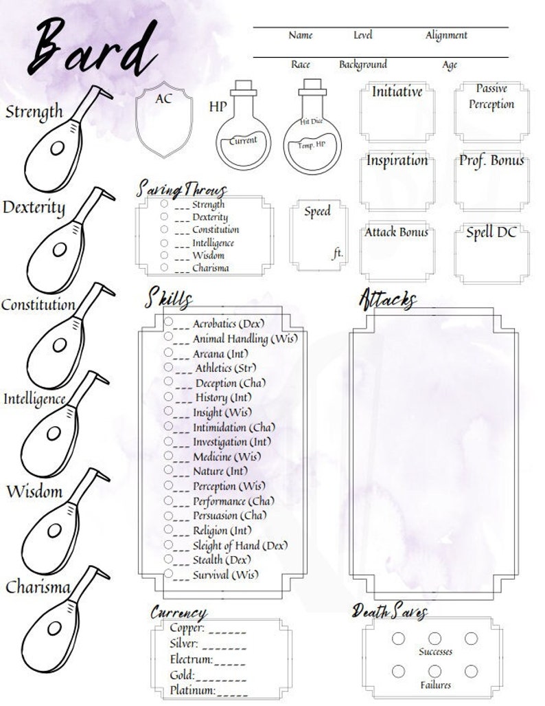 Bard Character Sheet Set - Etsy