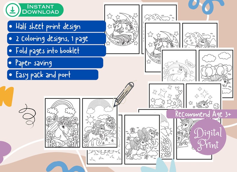 Unicorn Coloring Pages Half Sheet Coloring Pages Half Page - Etsy