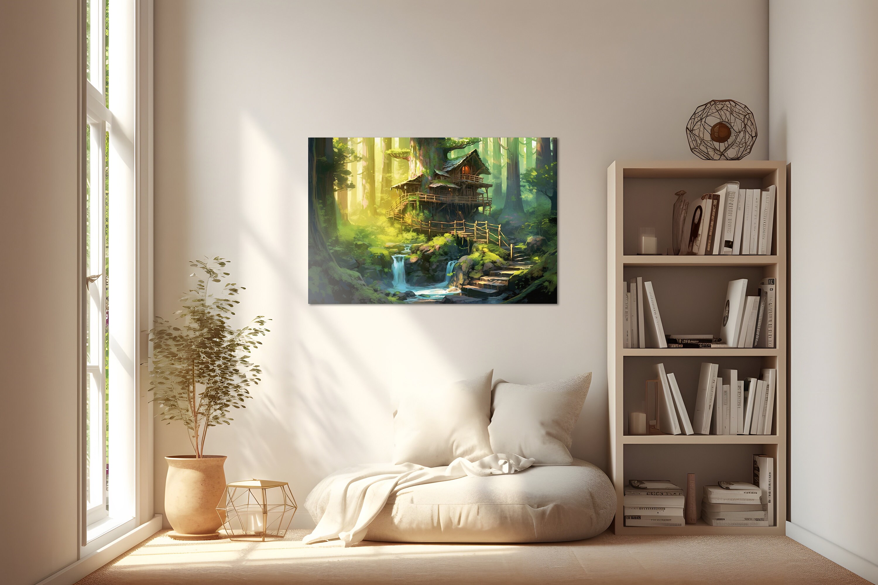 Forest Treehouse Wall Art, Nature Landscape Art, Fantasy Artwork, Cabin ...