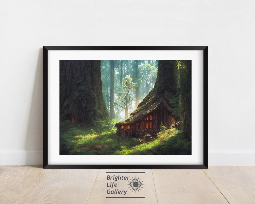 Forest Treehouse Wall Art, Nature Landscape Art, Fantasy Artwork, Cabin ...
