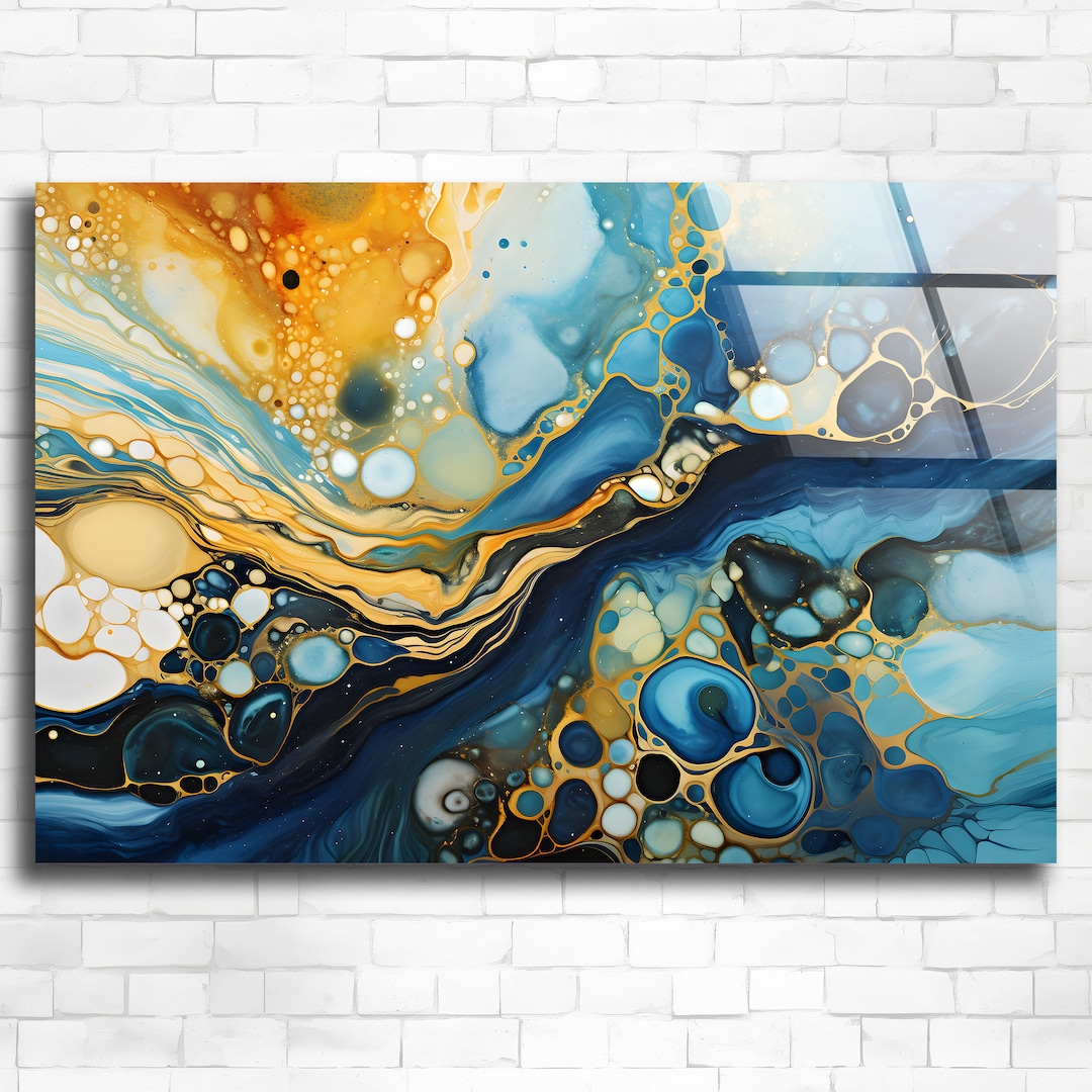Acrylic Glass Wall Art, Abstract Blue and Gold, Large Wall Art, Modern ...