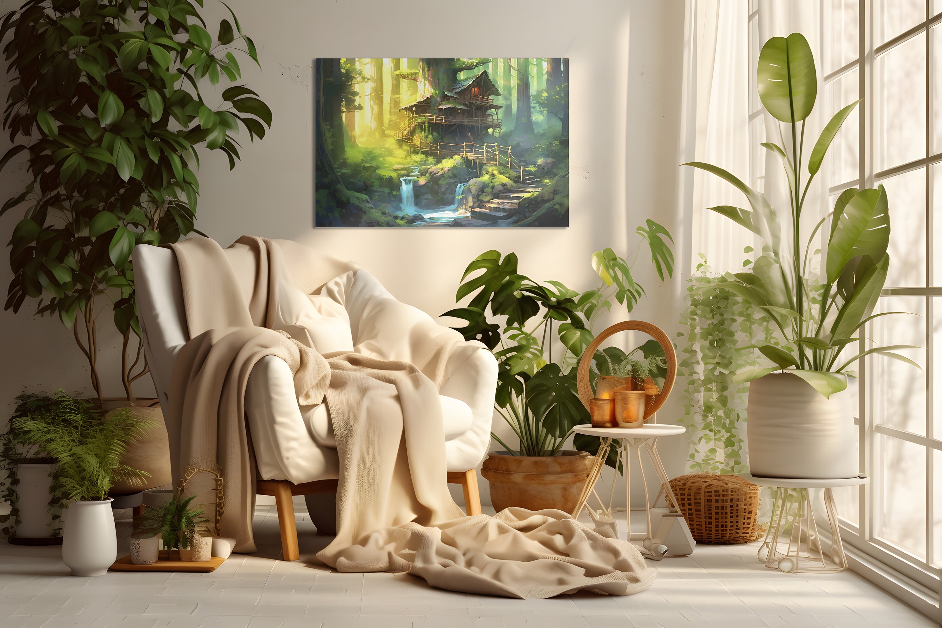 Forest Treehouse Wall Art, Nature Landscape Art, Fantasy Artwork, Cabin ...