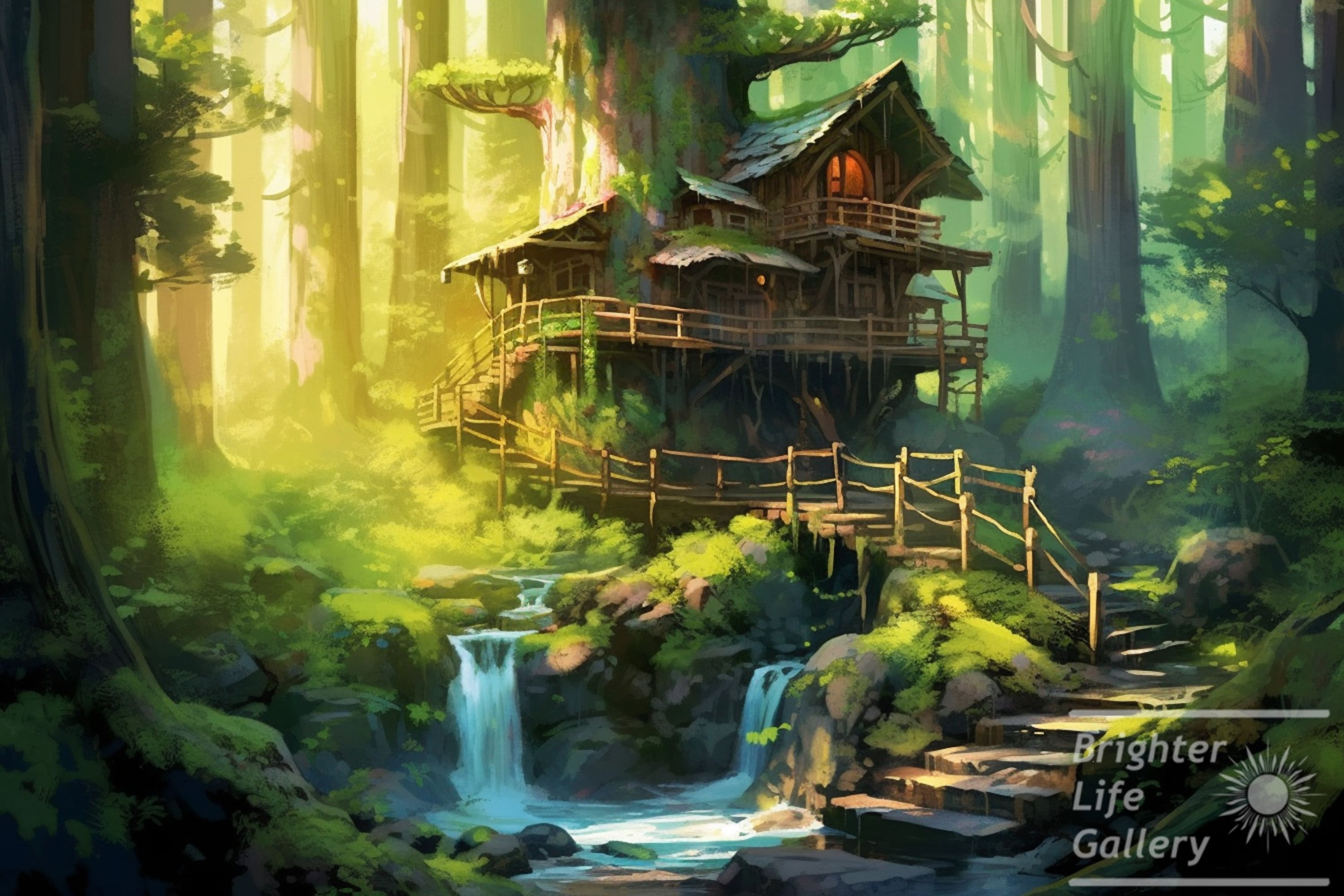 Forest Treehouse Wall Art, Nature Landscape Art, Fantasy Artwork, Cabin ...