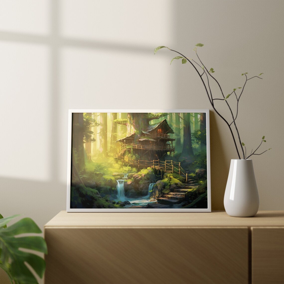 Forest Treehouse Wall Art, Nature Landscape Art, Fantasy Artwork, Cabin ...