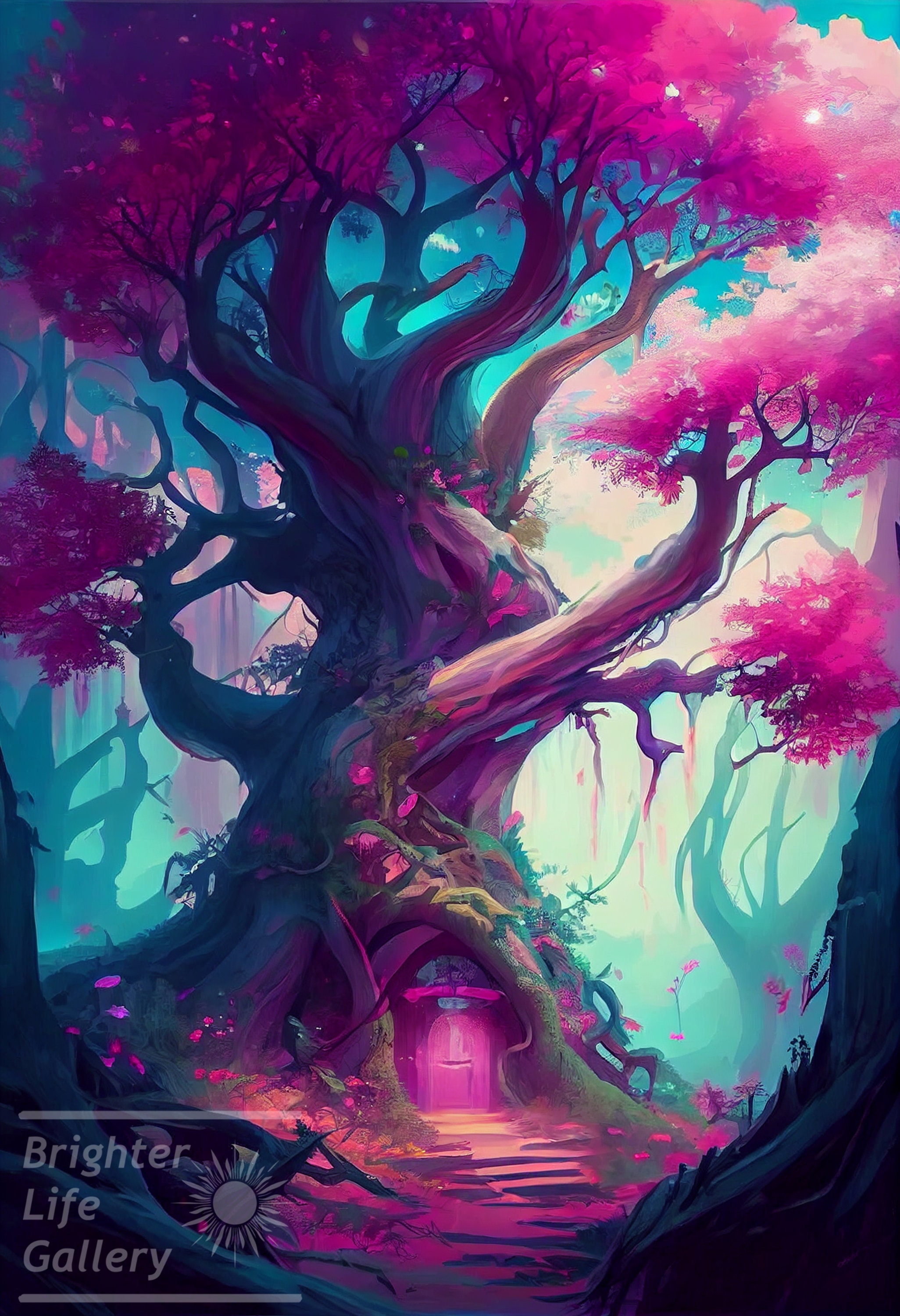 Whimsical Fantasy Tree Art, Fantasy Wall Art, Magical Artwork, Pink and Blue Illustration, Gift ...