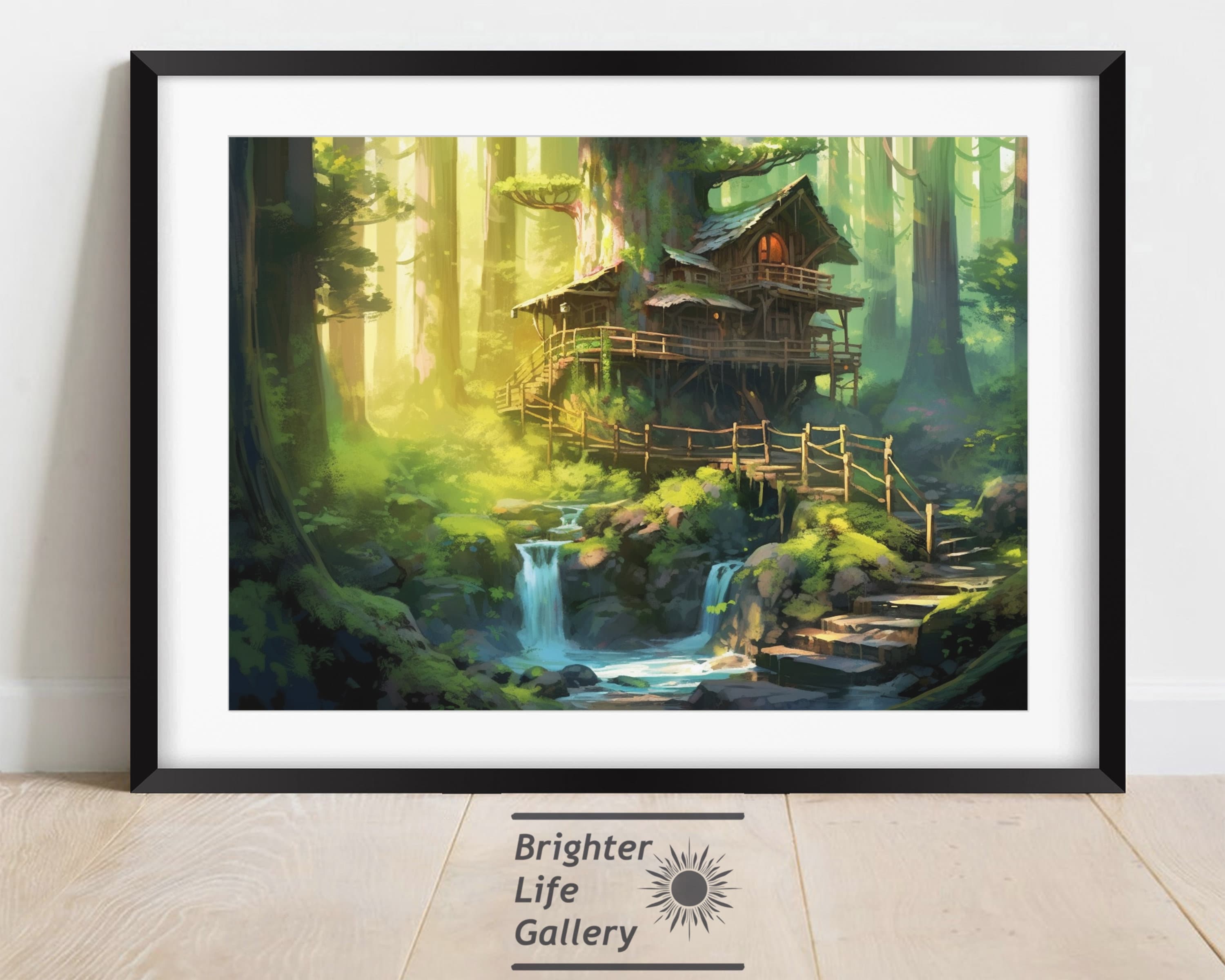 Forest Treehouse Wall Art, Nature Landscape Art, Fantasy Artwork, Cabin ...