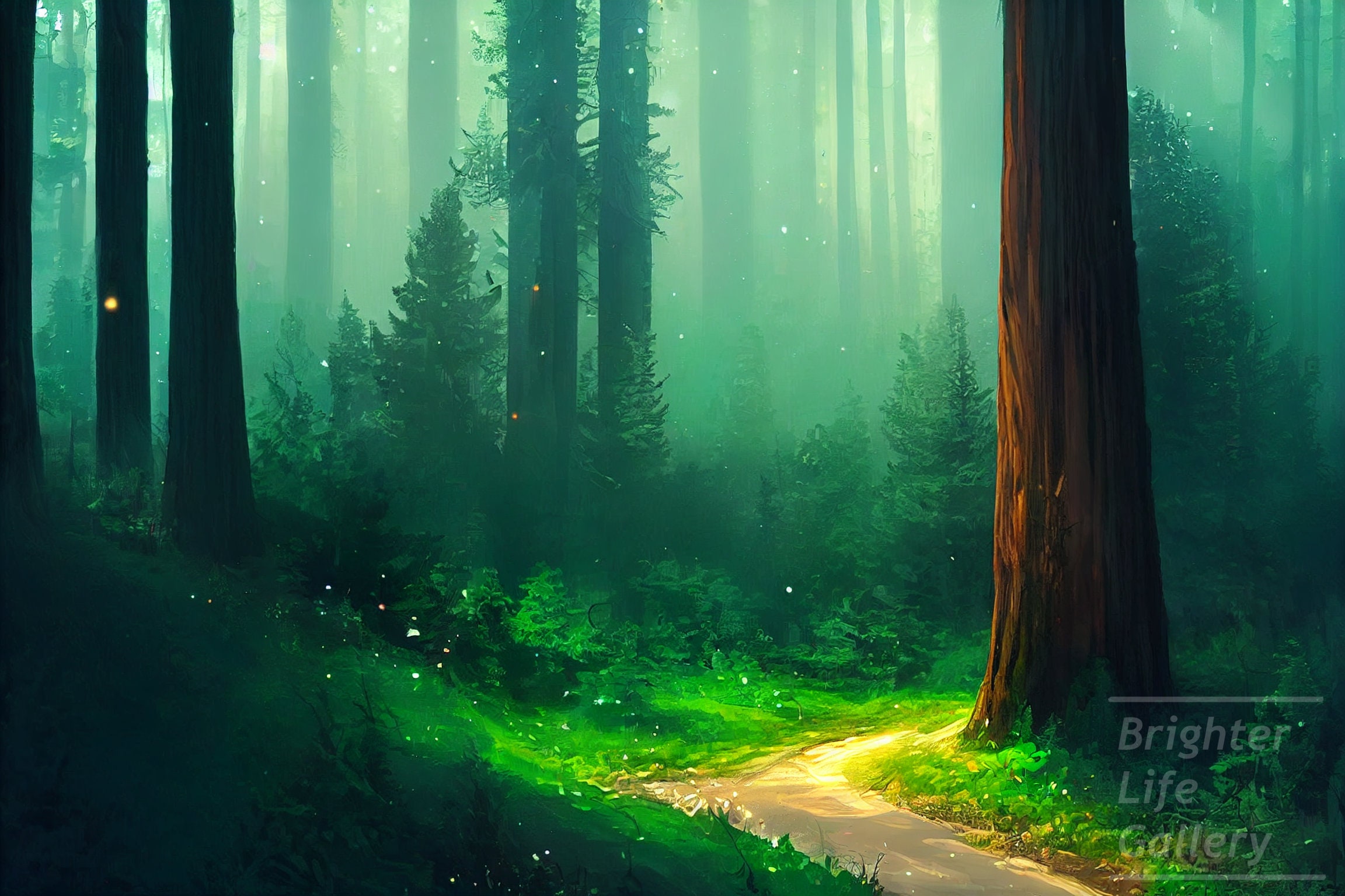 Magical Forest Wall Art, Green Landscape Art, Nature Artwork, Fantasy ...