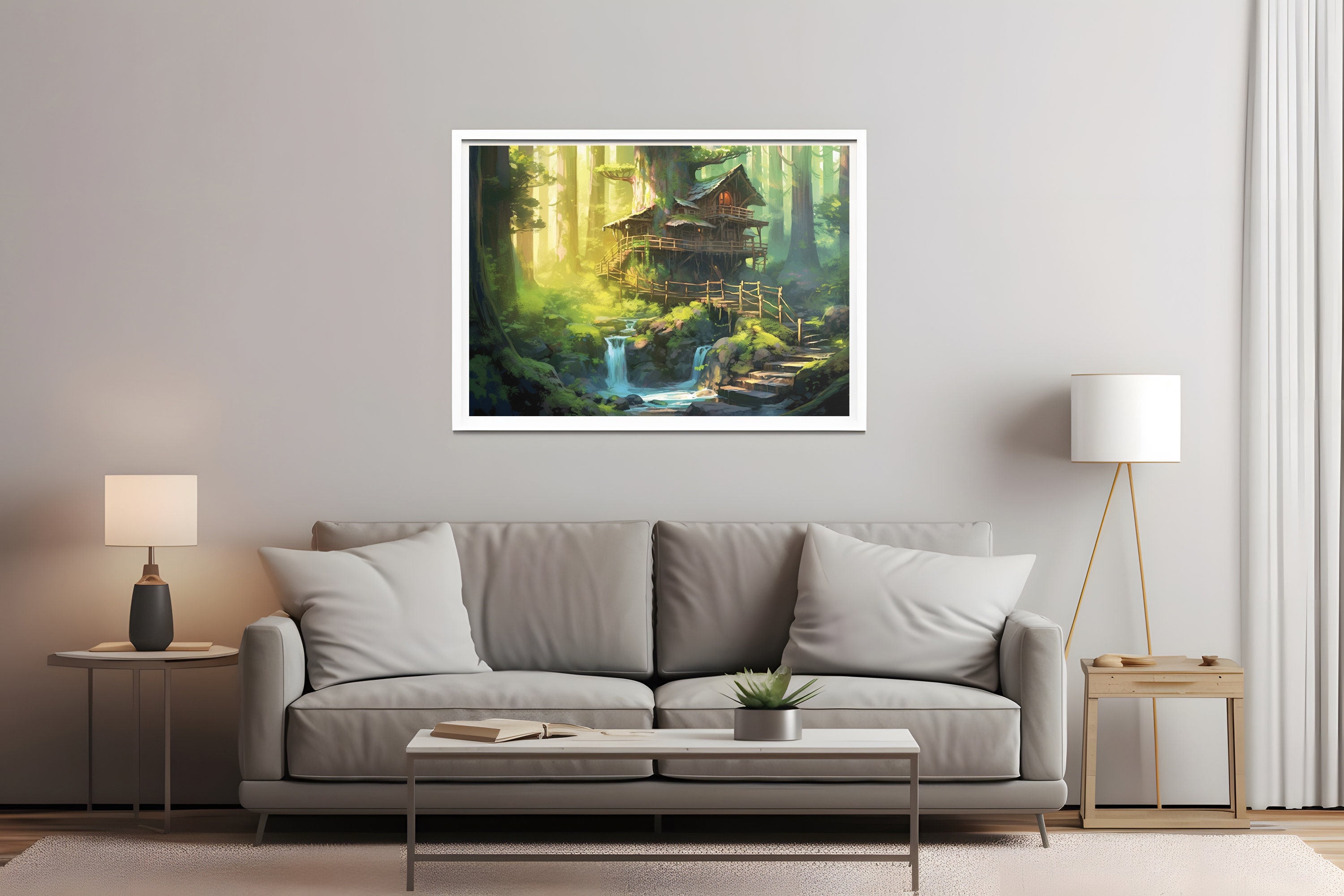 Forest Treehouse Wall Art, Nature Landscape Art, Fantasy Artwork, Cabin ...