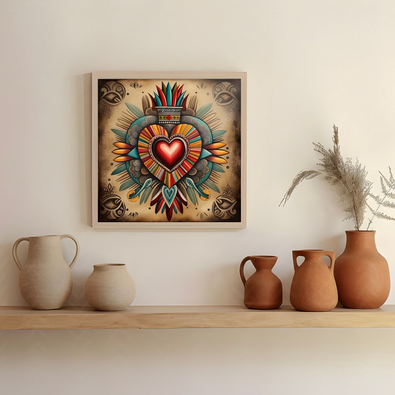 Mexican Sacred Heart Inspired Art Print, Aztec Art, Mexican Heart ...
