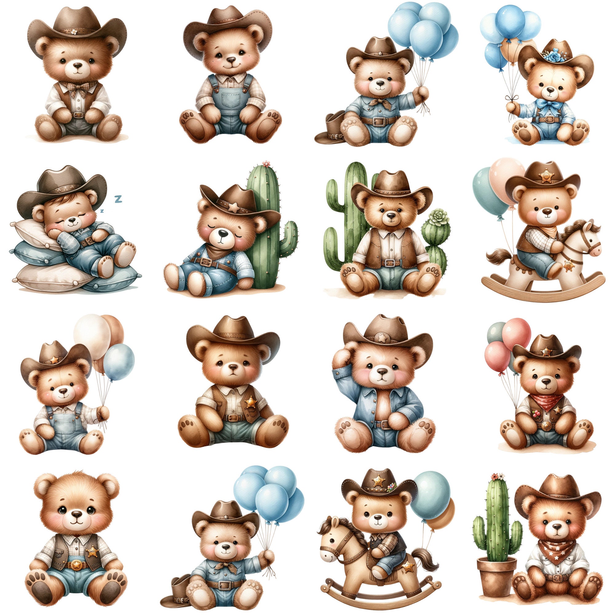Watercolor Cowboy Teddy Bear Clipart Bundle, Cowboy Baby Shower, Baby ...
