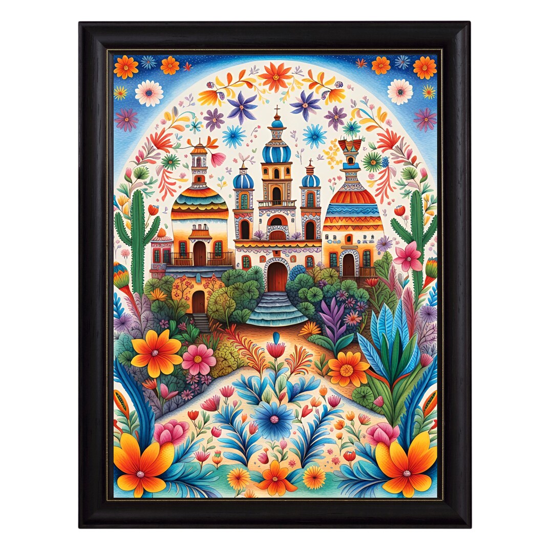 Mexican Village Market Painting, Flower Market, Mexico Pattern Folk Art ...