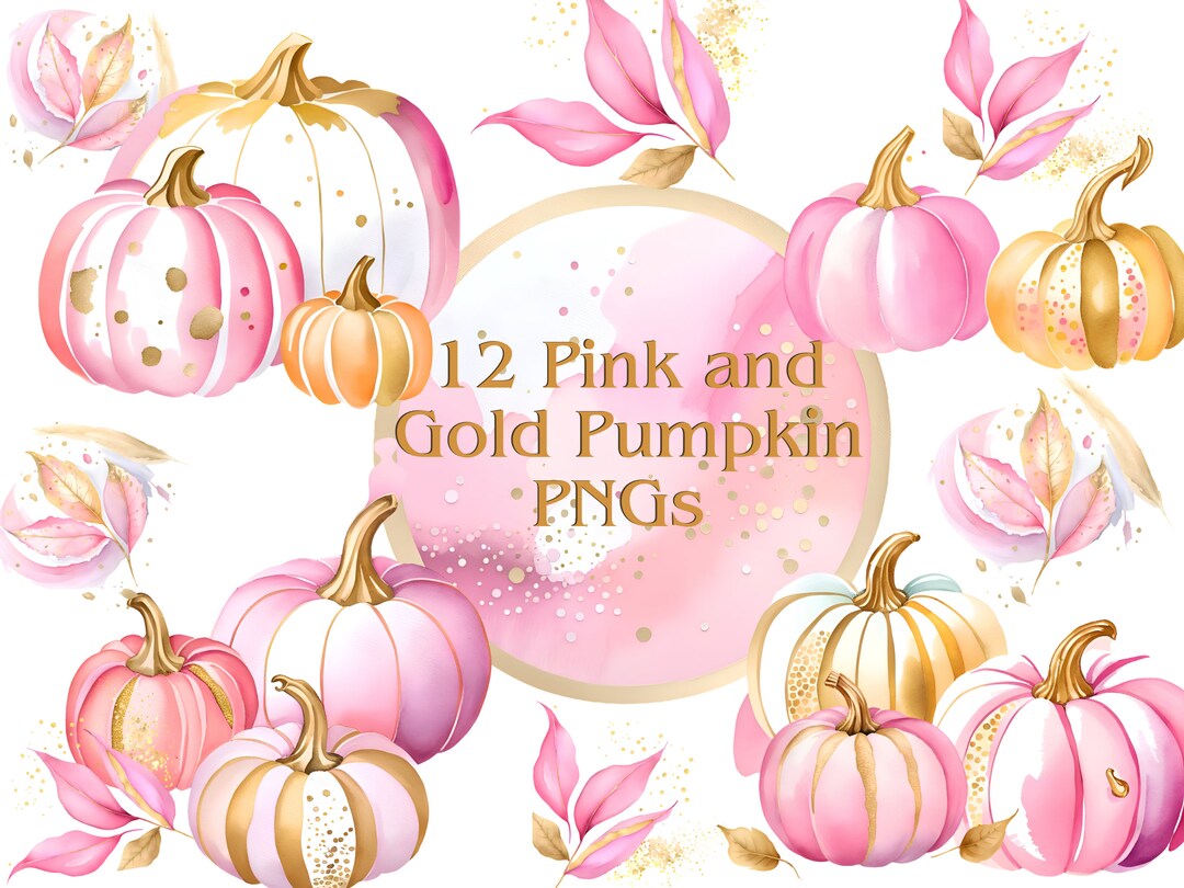 Watercolor Pink and Gold Pumpkin Clip Art Set - Glitter Accents and ...