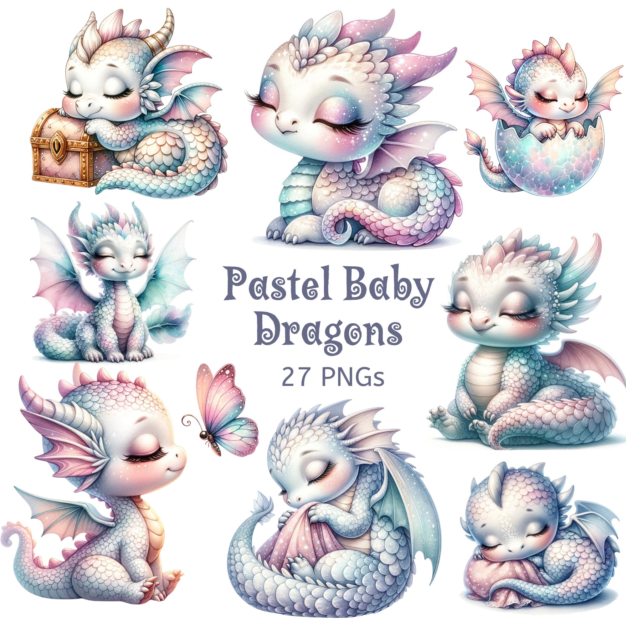 Watercolor Pastel Baby Dragon Clipart Bundle, Baby Girl Birthday Clip ...