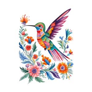 Mexican Botanical Hummingbird Wall Art, Cute Folk Art, Mexican Flowers ...