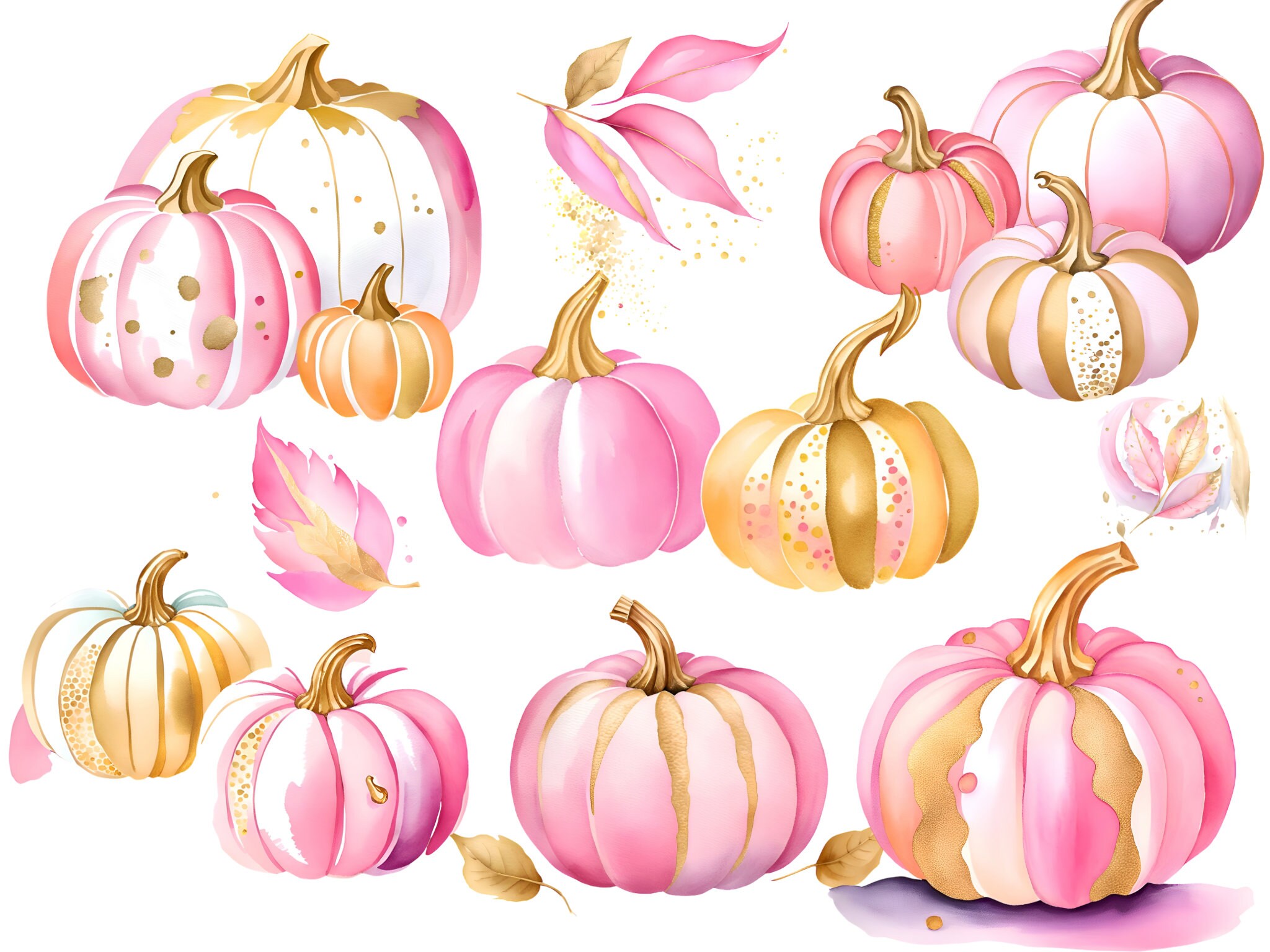 Watercolor Pink and Gold Pumpkin Clip Art Set - Glitter Accents and ...