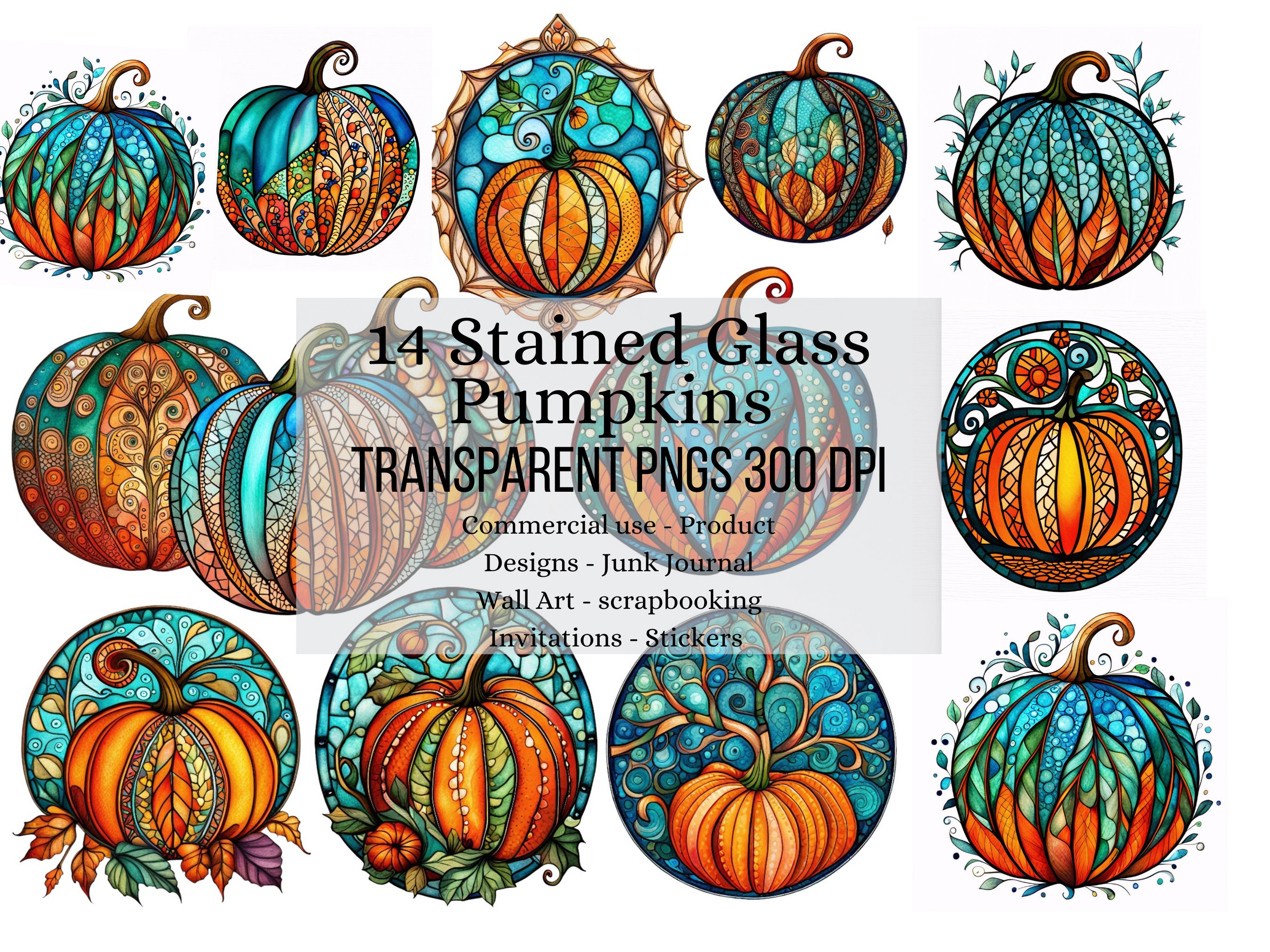 Stained Glass Orange and Teal Pumpkins Clip Art 42 Instant Download PNG ...