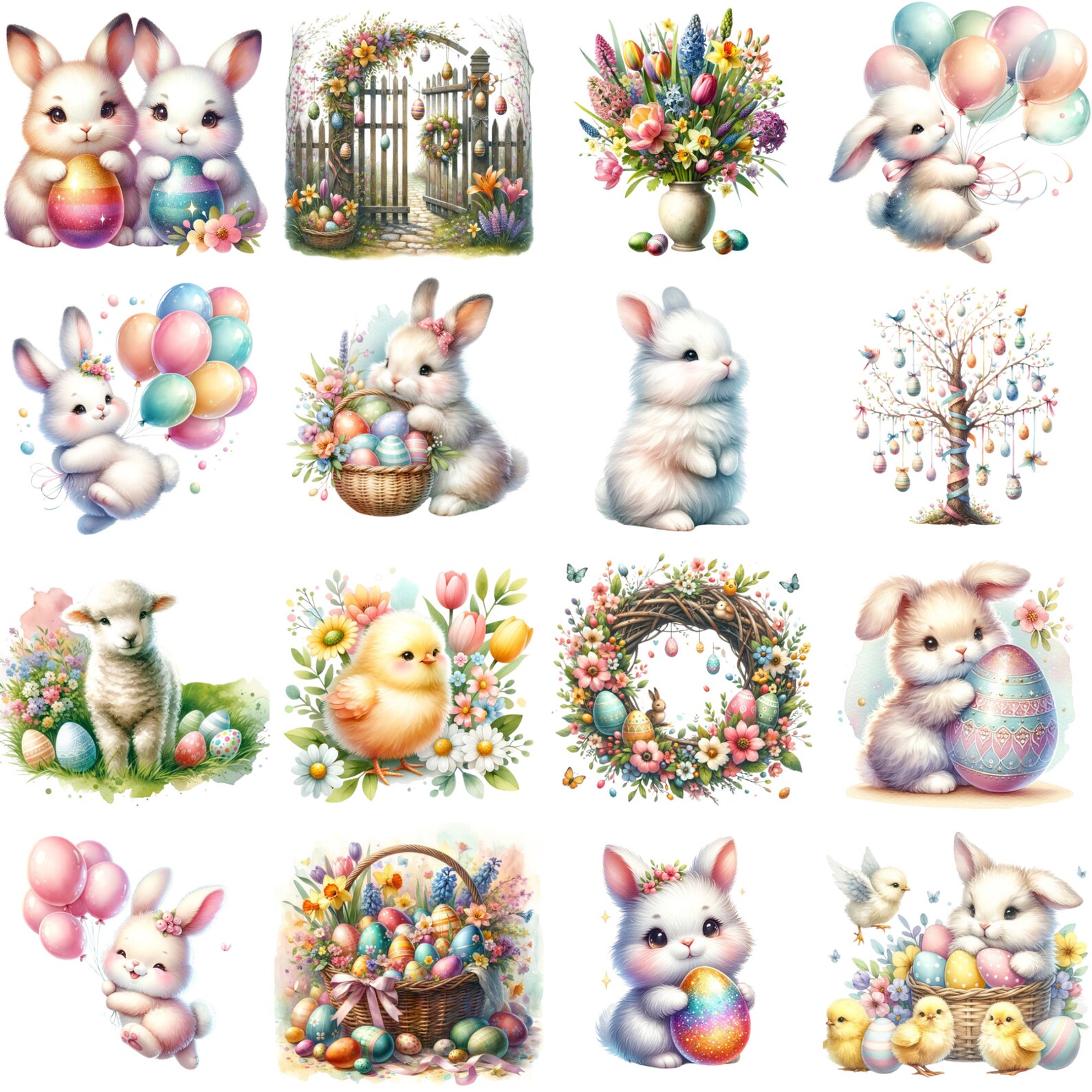 Watercolor Easter Clipart Bundle, Cute Watercolor Bunny, Baby Chick ...