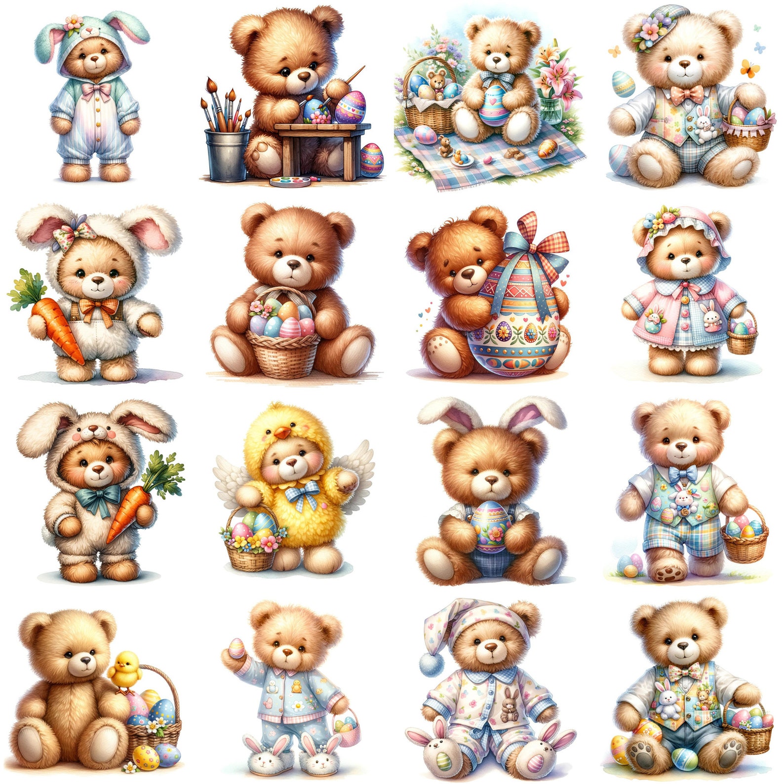 29 Watercolor Easter Teddy Bear Clipart Bundle, Cute Watercolor Easter ...