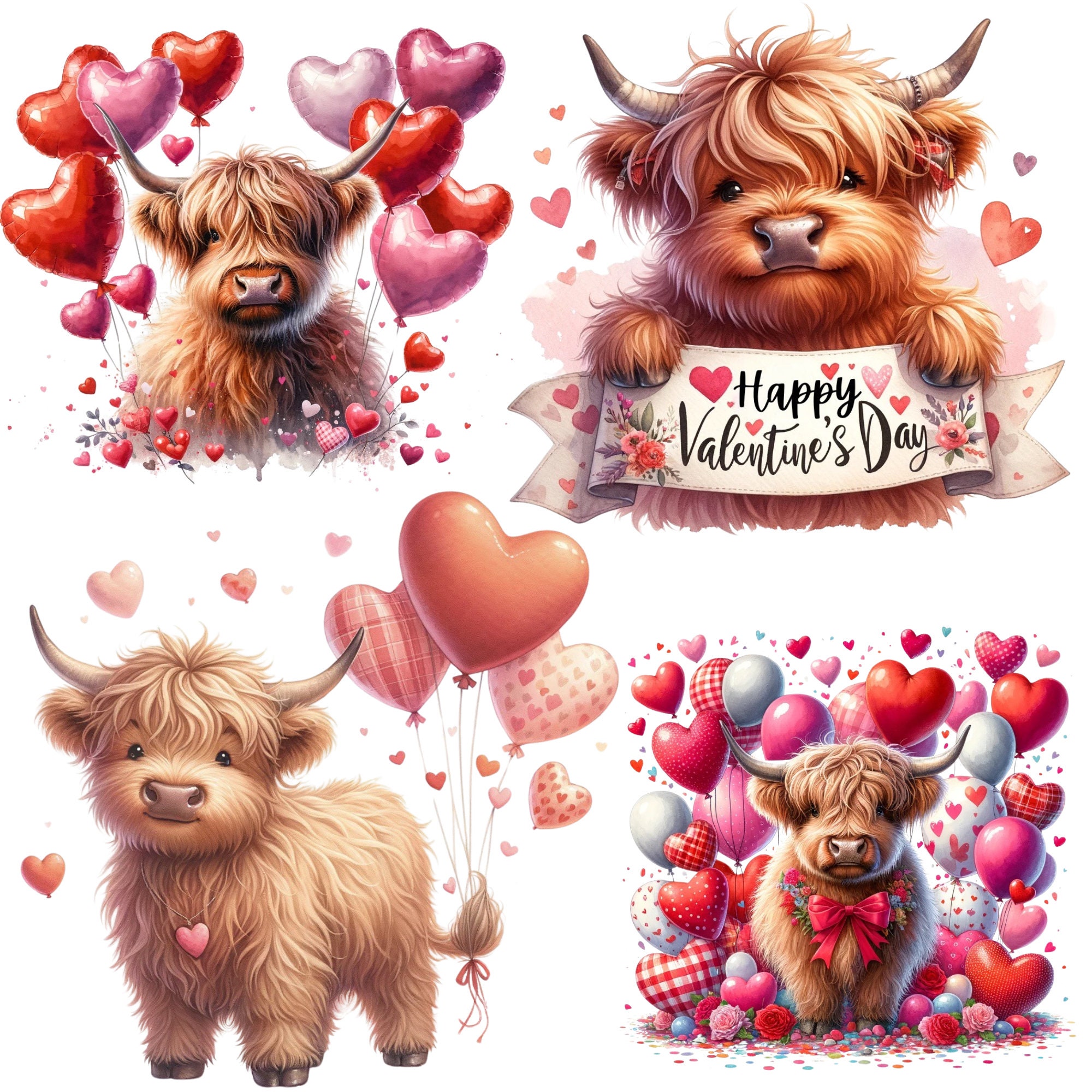 24 Valentines Day Highland Cows Clipart Bundle, Valentines Day Cow Clip ...