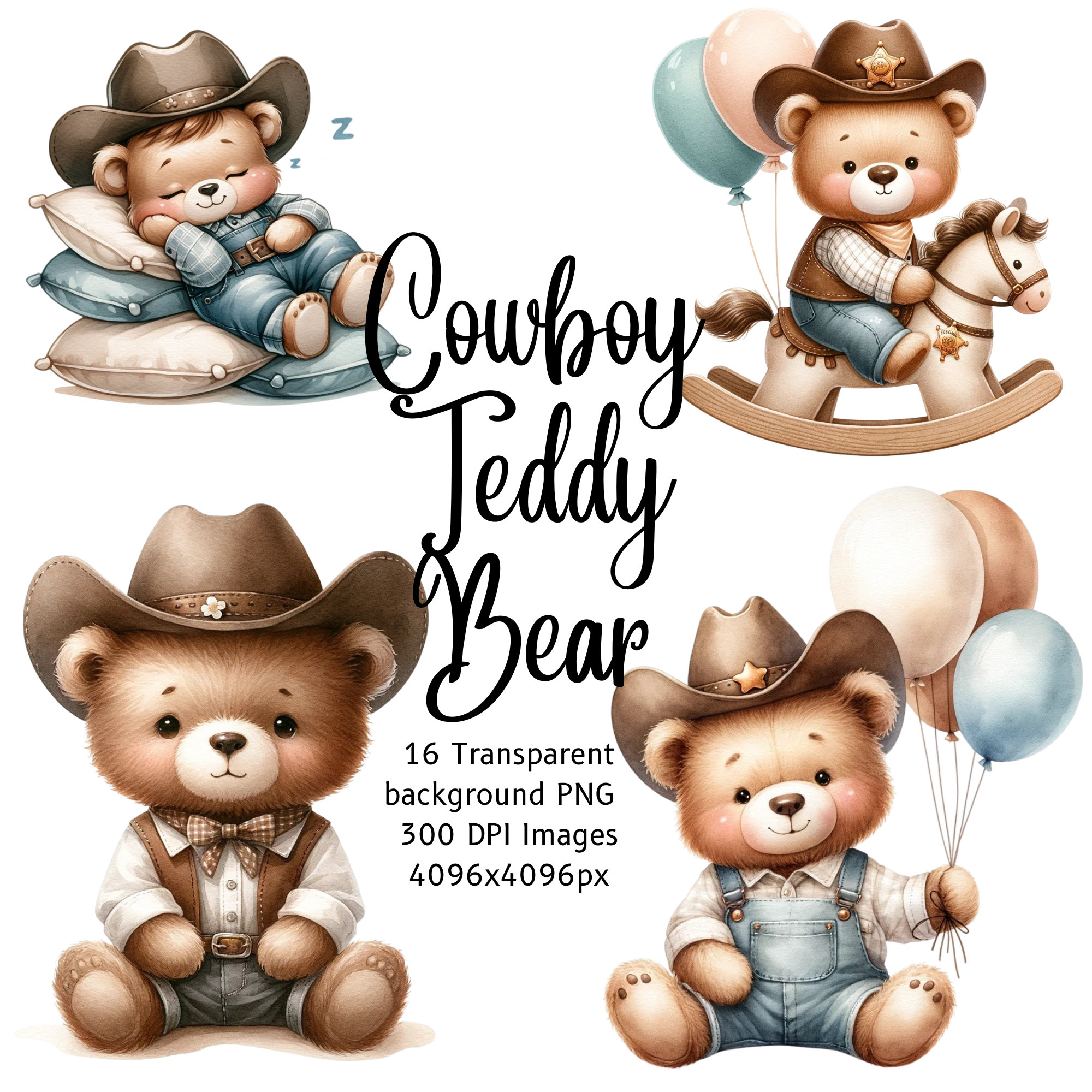 Watercolor Cowboy Teddy Bear Clipart Bundle, Cowboy Baby Shower, Baby ...
