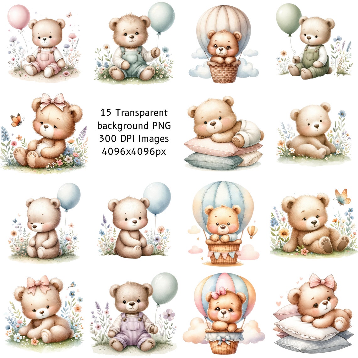 Watercolor Teddy Bear Clipart Bundle, Teddy Bear Baby Shower, Baby ...