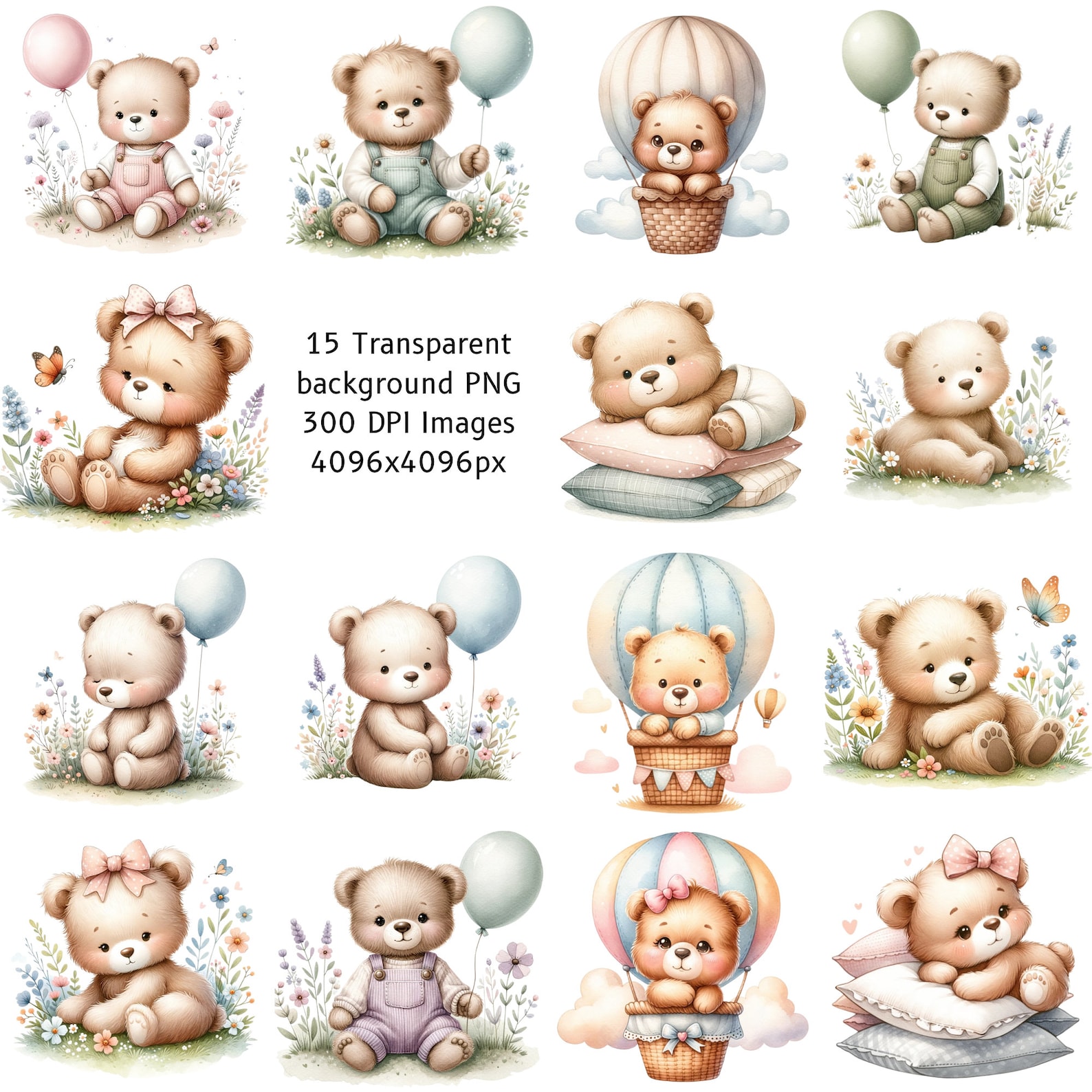 Watercolor Teddy Bear Clipart Bundle, Teddy Bear Baby Shower, Baby ...