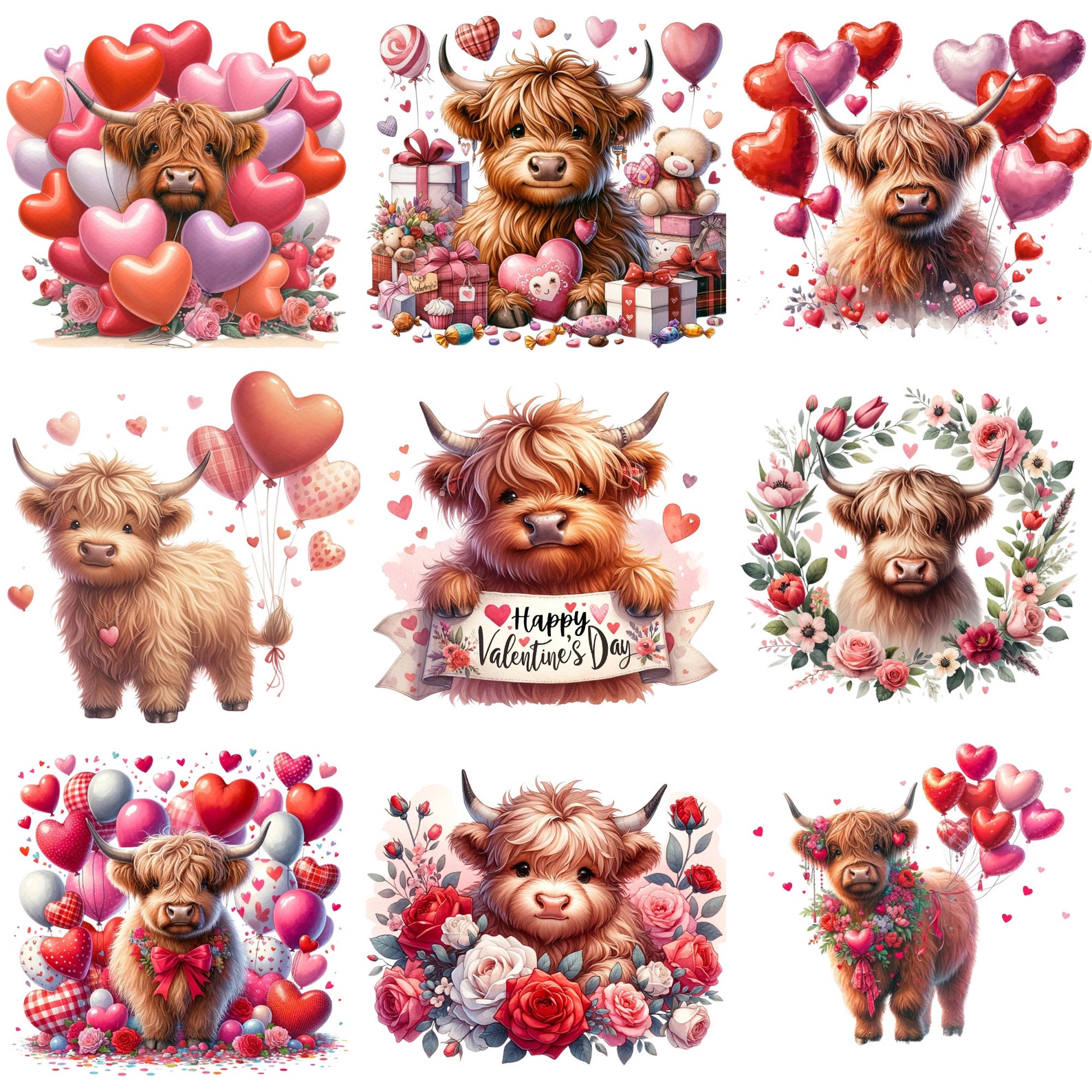 24 Valentines Day Highland Cows Clipart Bundle, Valentines Day Cow Clip ...