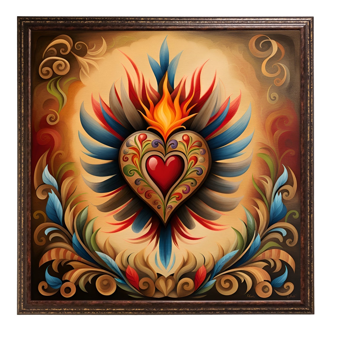 Mexican Sacred Heart Inspired Art Print, Aztec Art, Mexican Heart ...